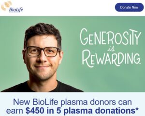 BioLife Coupon $450 in 5 plasma Donations – April 2026